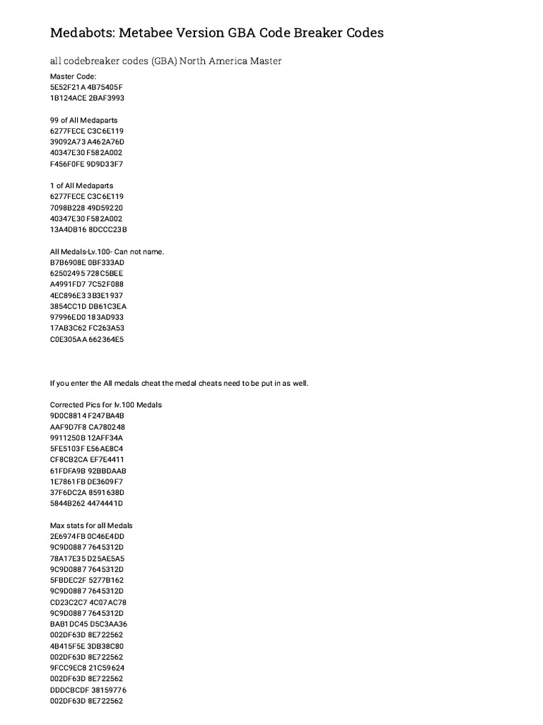 1 Medabots - Metabee Version GBA Code Breaker Codes | PDF | Cheating In ...