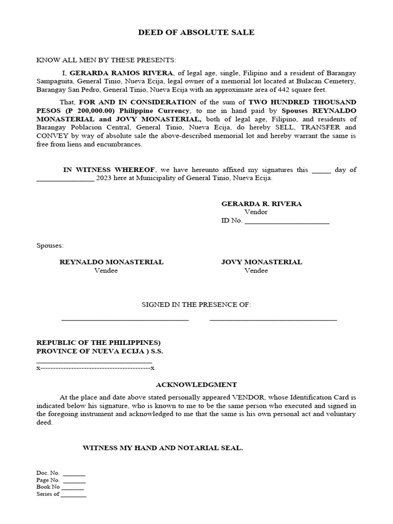 Deed of Absolute Sale (Memorial Lot) | PDF | Deed | Real Property Law