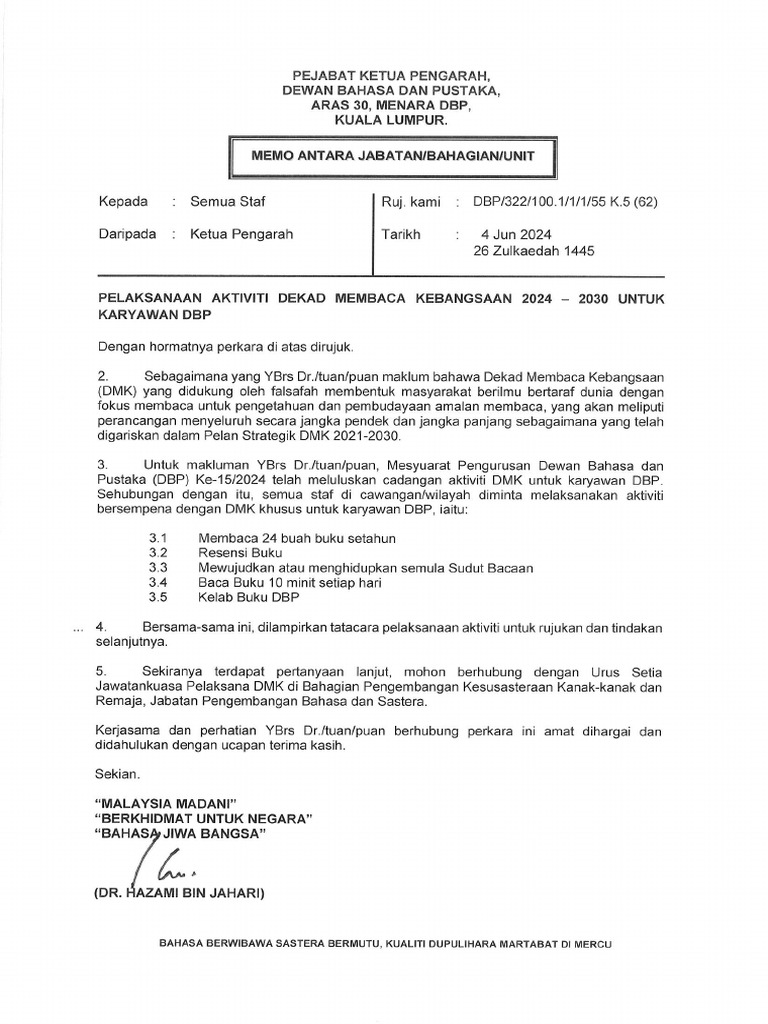 Pelaksanaan Aktiviti Dekad Membaca Kebangsaan 2024-2030 Untuk Karyawan ...