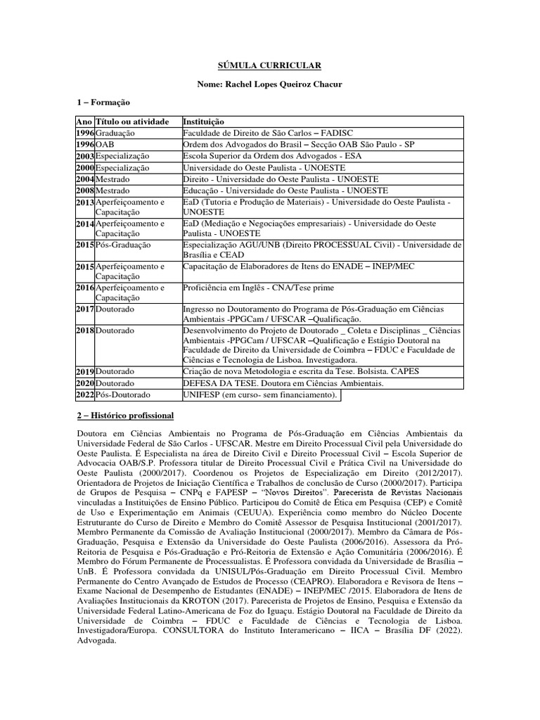 SÚMULA CURRICULAR-Dra. Rachel LQChacur | PDF | Processo civil | Pós ...