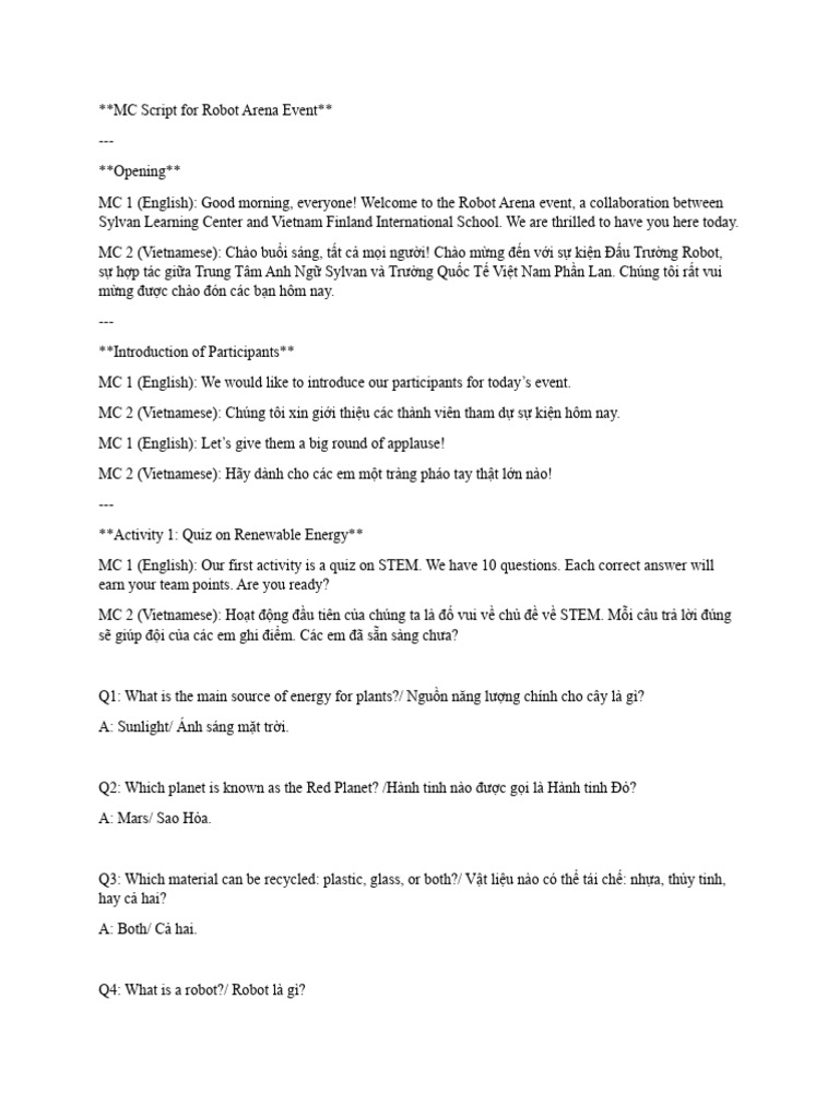 MC Script for Robot Arena Event | PDF