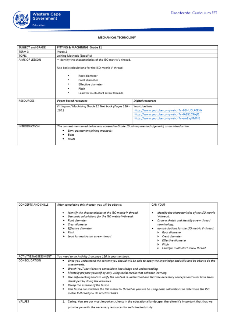Mechanical Technology Fitting and Machining Grade 11 Term 3 Week 1 ...