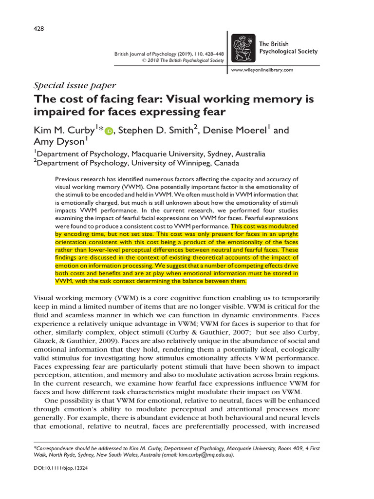 Fear Impairs Visual Working Memory for Faces | PDF | Attention ...