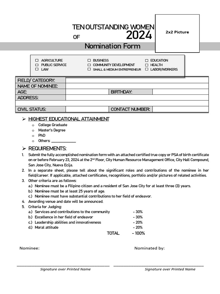 San Jose City 2024 Women Nomination Form | PDF