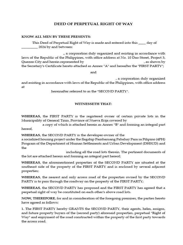 Deed of Perpetual Right of Way Agreement | PDF | Property Law | Civil ...