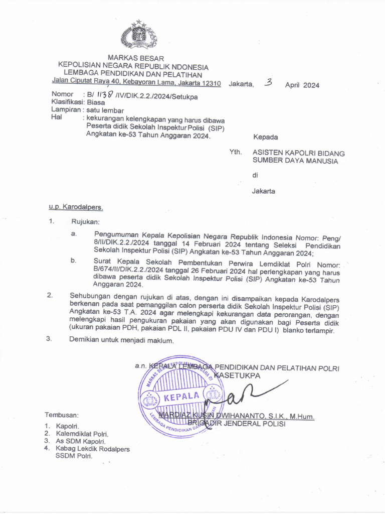 SRT KEKURANGAN KAPORLAP SIP KE-53 T.A. 2024 | PDF