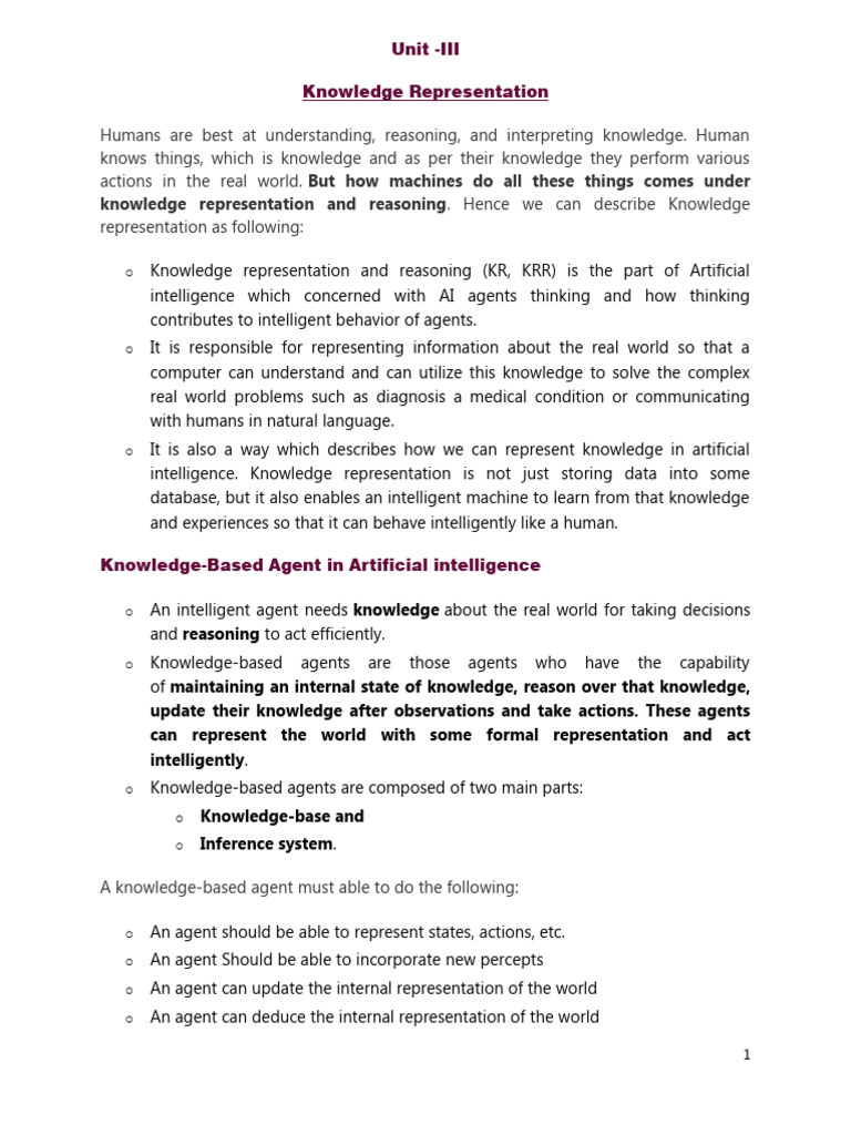 AI Unit-III KNOWLEDGE REPRESENTATION-1 | PDF | Knowledge Representation And Reasoning | Logic