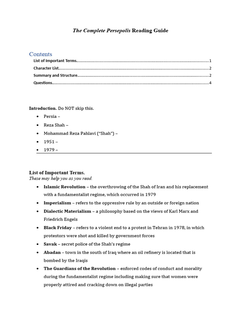 Persepolis Reading Guide | PDF | Mohammad Reza Pahlavi | Iran