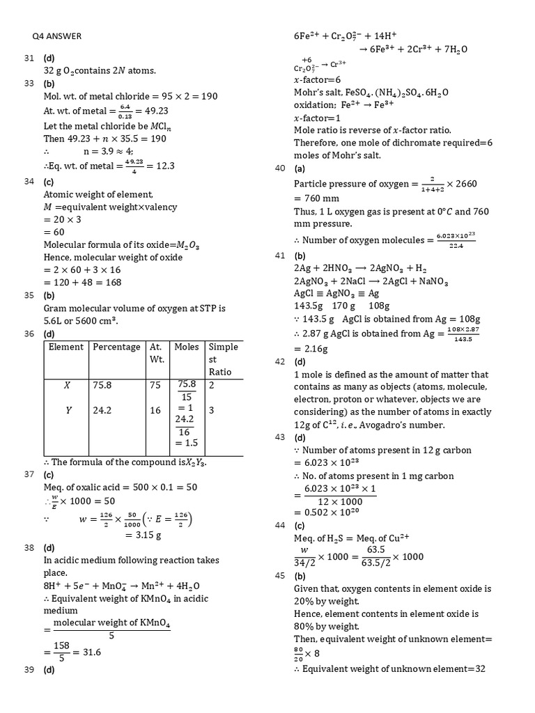 Mole Oncept q4 Ans | PDF | Mole (Unit) | Molecules