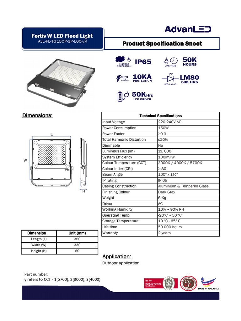 150W Fortis W LED Floodlight | PDF | Optics | Electricity