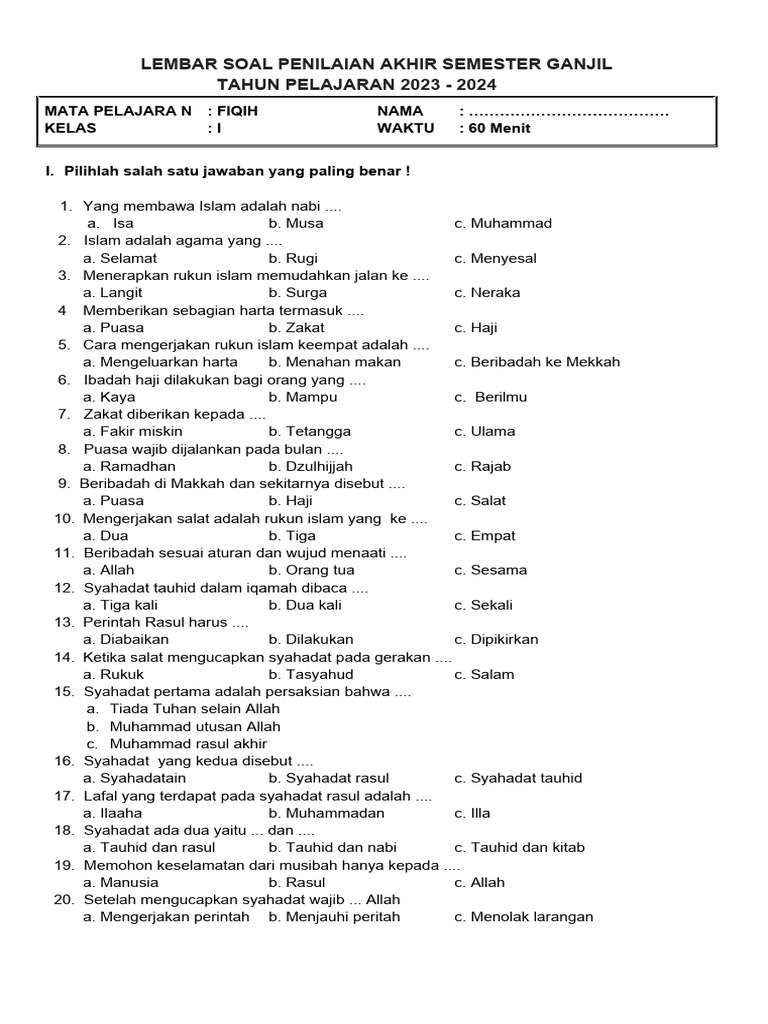 Soal Pas Fikih Kelas 1 Semester Ganjil 2023-2024 | PDF
