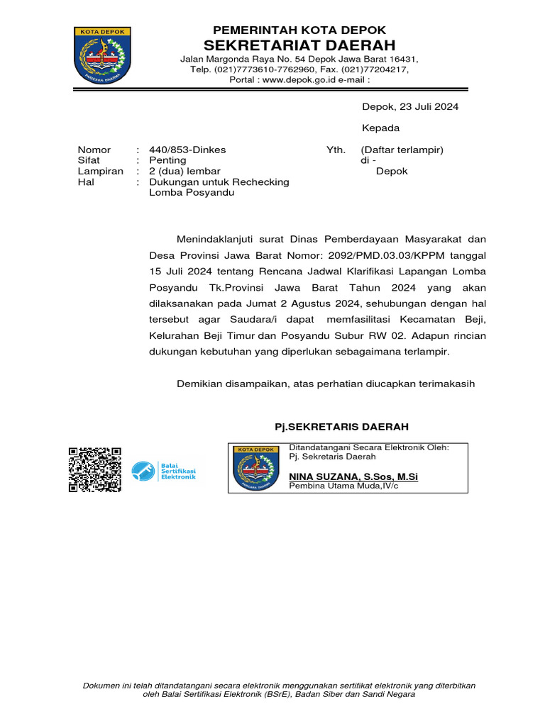 Surat Dukungan Rechecking Lomba Posyandu - (Signed) | PDF