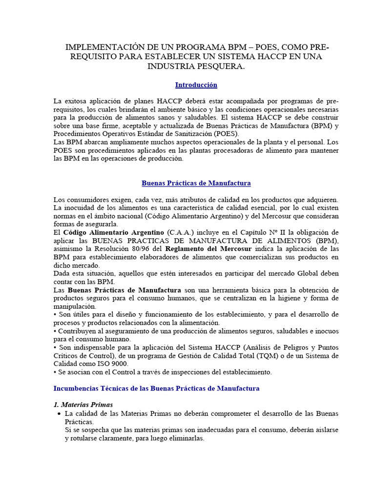 Implementación de Un Programa BPM - Poes, Como Pre-Requisito para Establecer Un Sistema Haccp en ...