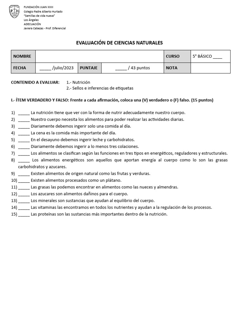 Prueba Ciencias - Nutrientes y Sellos (31 Julio) Alexander | PDF ...
