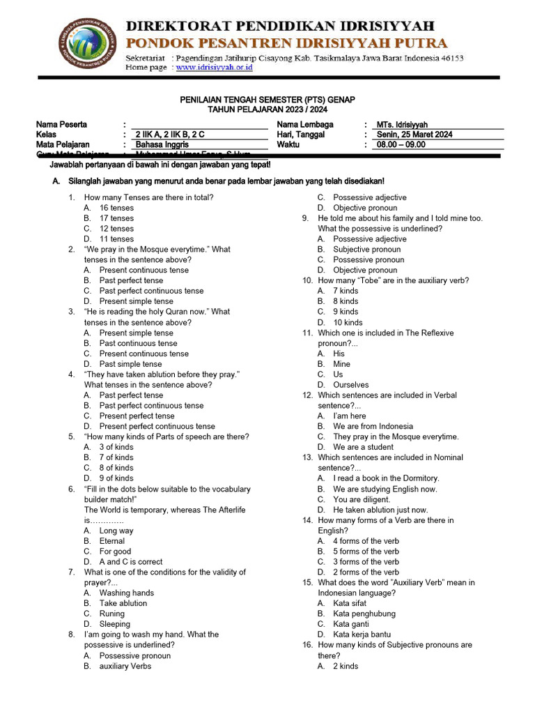 Soal PTS Genap Kelas 2 IIK A, B, C | PDF | Verb | English Language