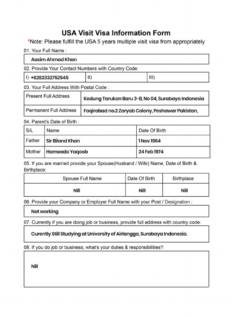 Aasim Ahmad Khan USA Form | PDF
