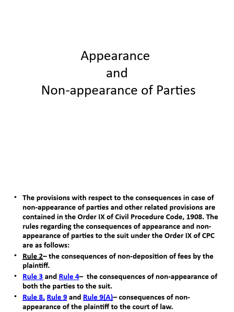 Appearance and Non Appearance of Parties CPC | PDF | Lawsuit | Political Law