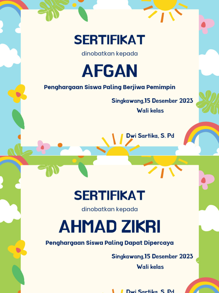 Sertifikat Siswa Kelas VB Hebat | PDF