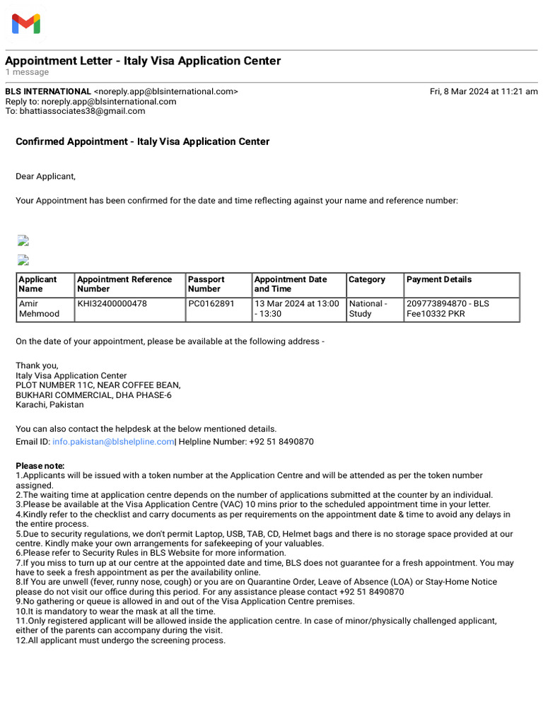 Italy Visa Appointment Confirmation | PDF | Travel Visa