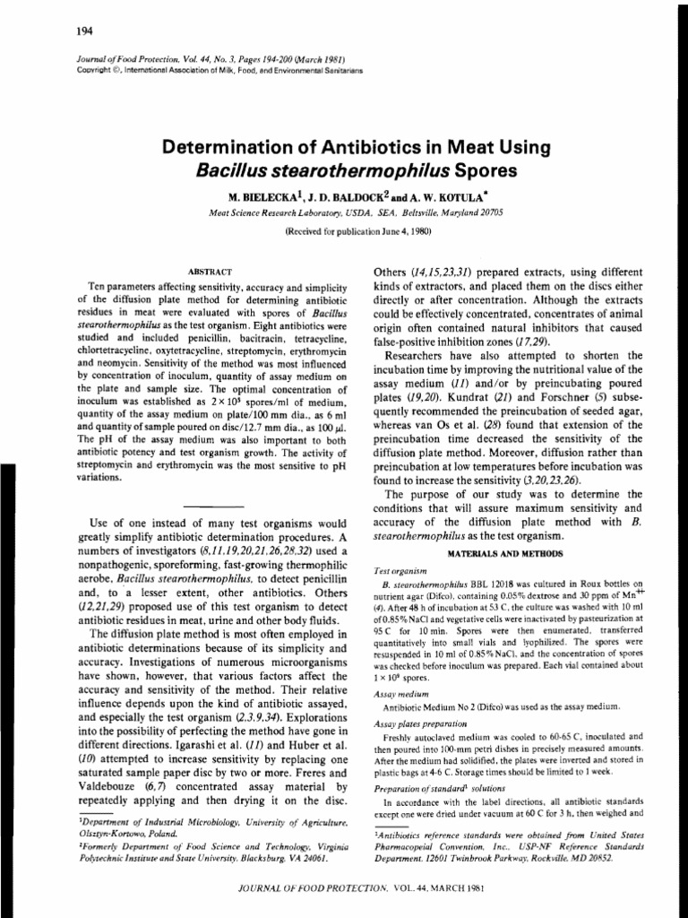 Determination of Antibiotics in Meat Using Bacillus Stearothermophilus ...