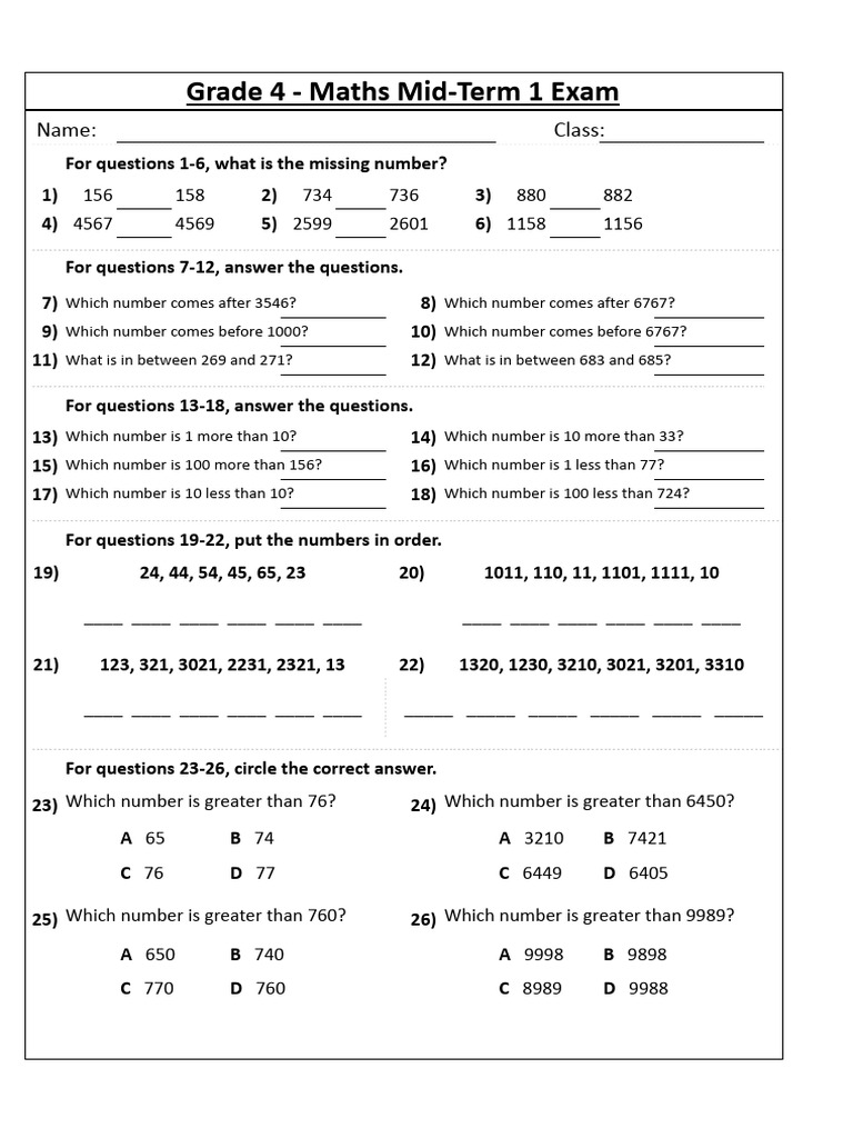 Grade 4 - Maths Mid-Term 1 Exam - XLSX - Sheet1 | PDF | Student Assessment And Evaluation