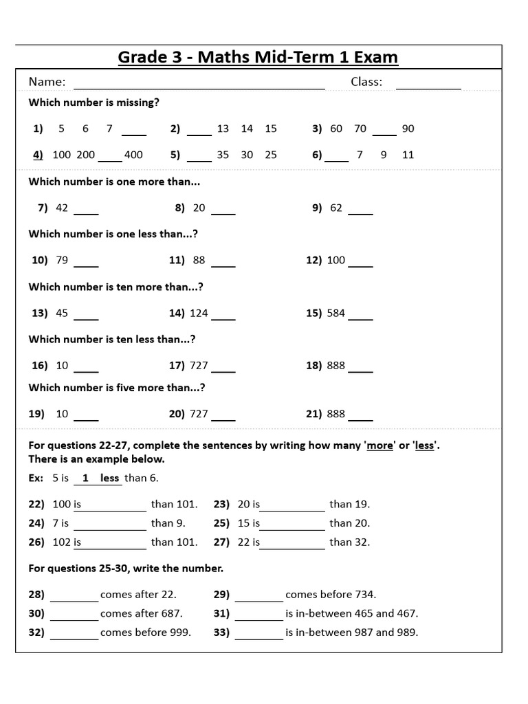 Grade 3 - Maths Mid-Term 1 Exam - XLSX - Sheet1 | PDF