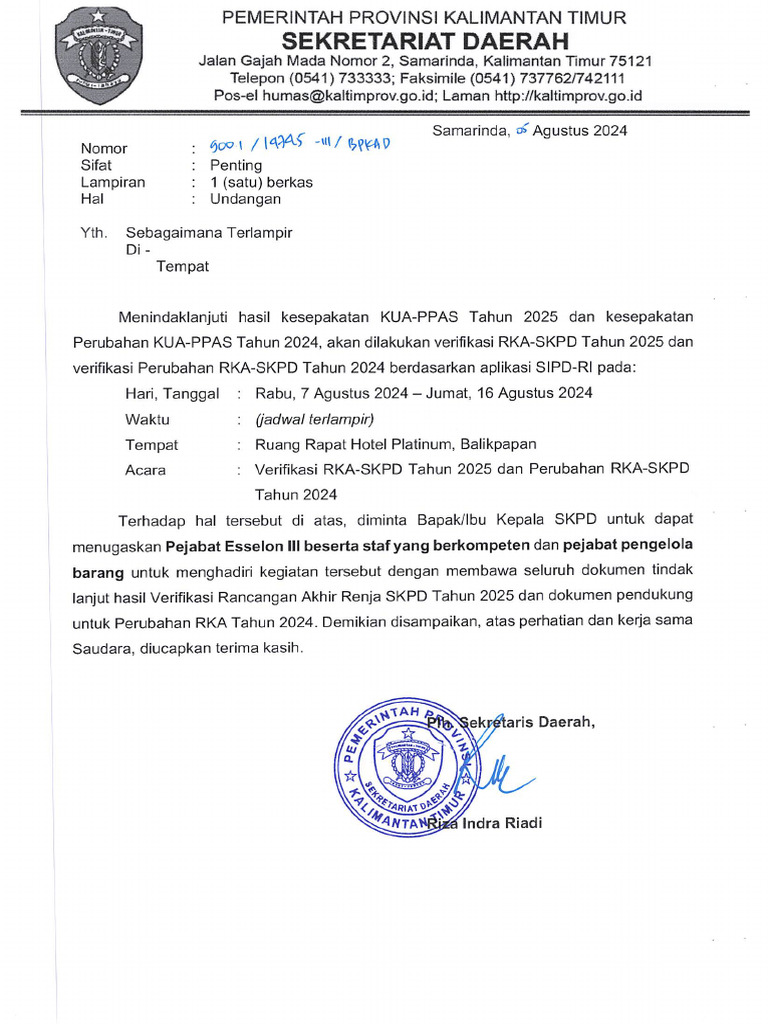 Undangan SKPD Verifikasi Rka Apbd 2025 Dan P 2024 Stempel | PDF