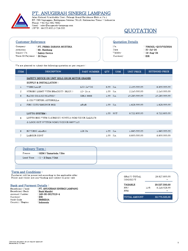 708.quo-Asl - Prima Sarana Mustika - Safety Device On Unit SDLG G9138 Motor Grader | PDF ...