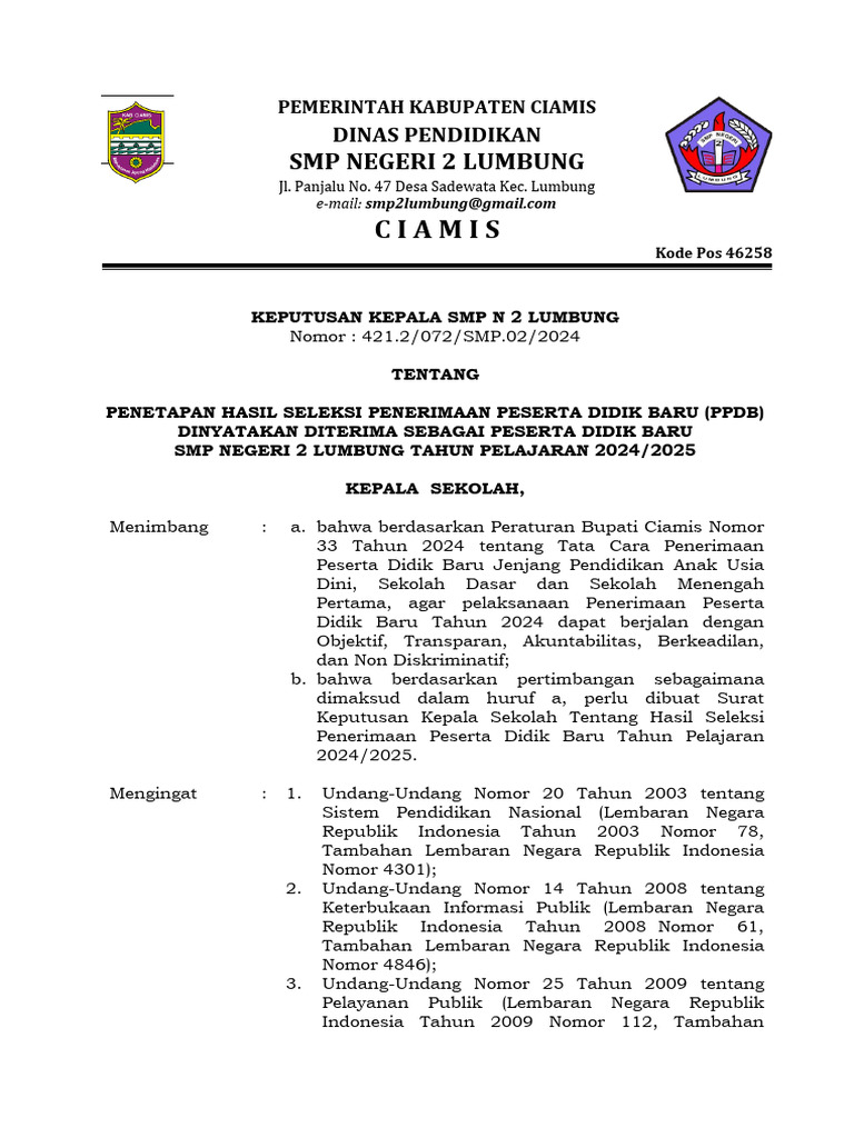 Draf SK Kepsek Hasil Seleksi PPDB 2024 | PDF