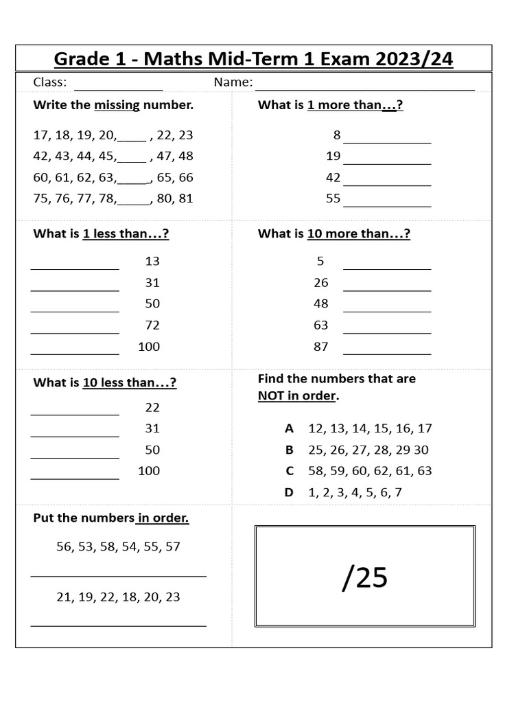 Grade 1 Maths Mid Term 1 Exam Xlsx Sheet1 Pdf