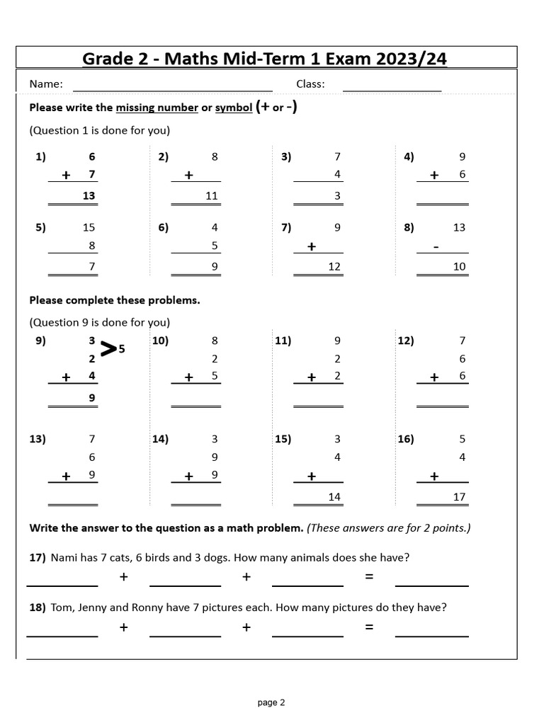 Grade 2 - Maths Mid-Term 1 Exam - XLSX - Sheet1 | PDF | Mathematics