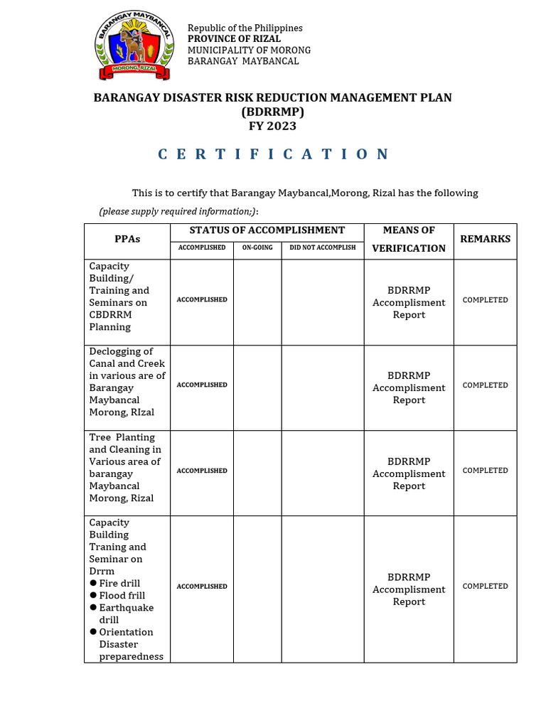 BDRRMP_Certification final | PDF | Disasters