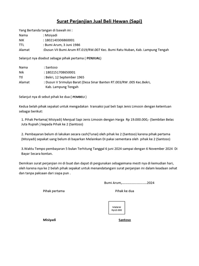 Surat Perjanjian Jual Beli Sapi | PDF