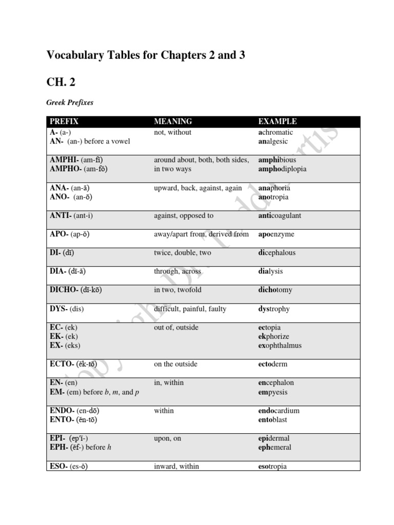 Vocabulary Tables For Chapters 2 and 3 | PDF | Arm | Human Leg