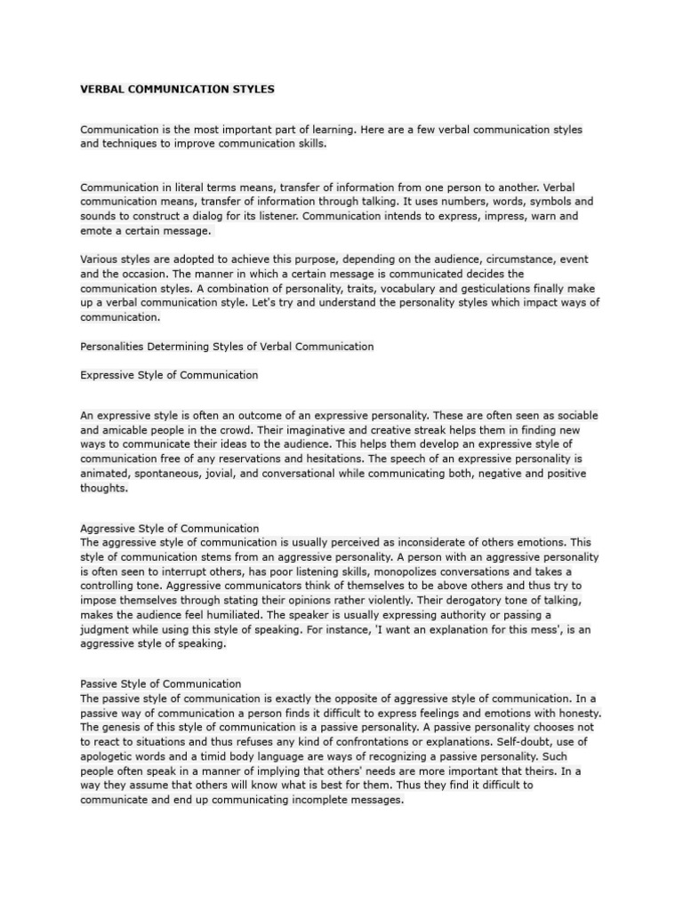 Types of Verbal Communication Styles | PDF | Communication | Linguistics