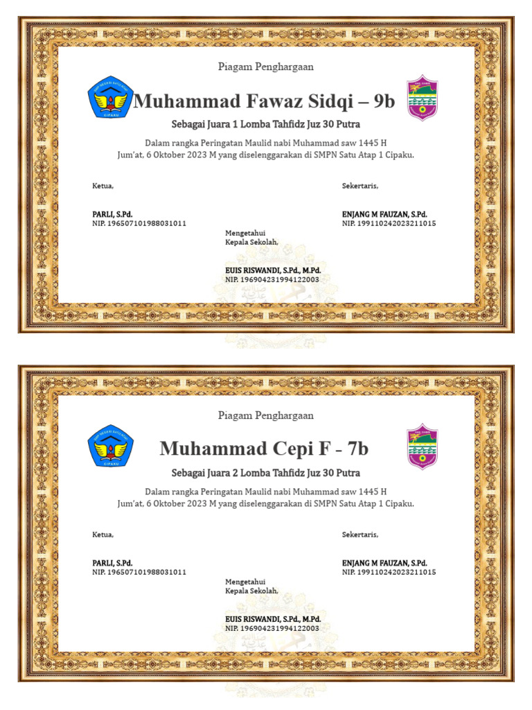 Piagam Penghargaan Tahfidz Putra | PDF