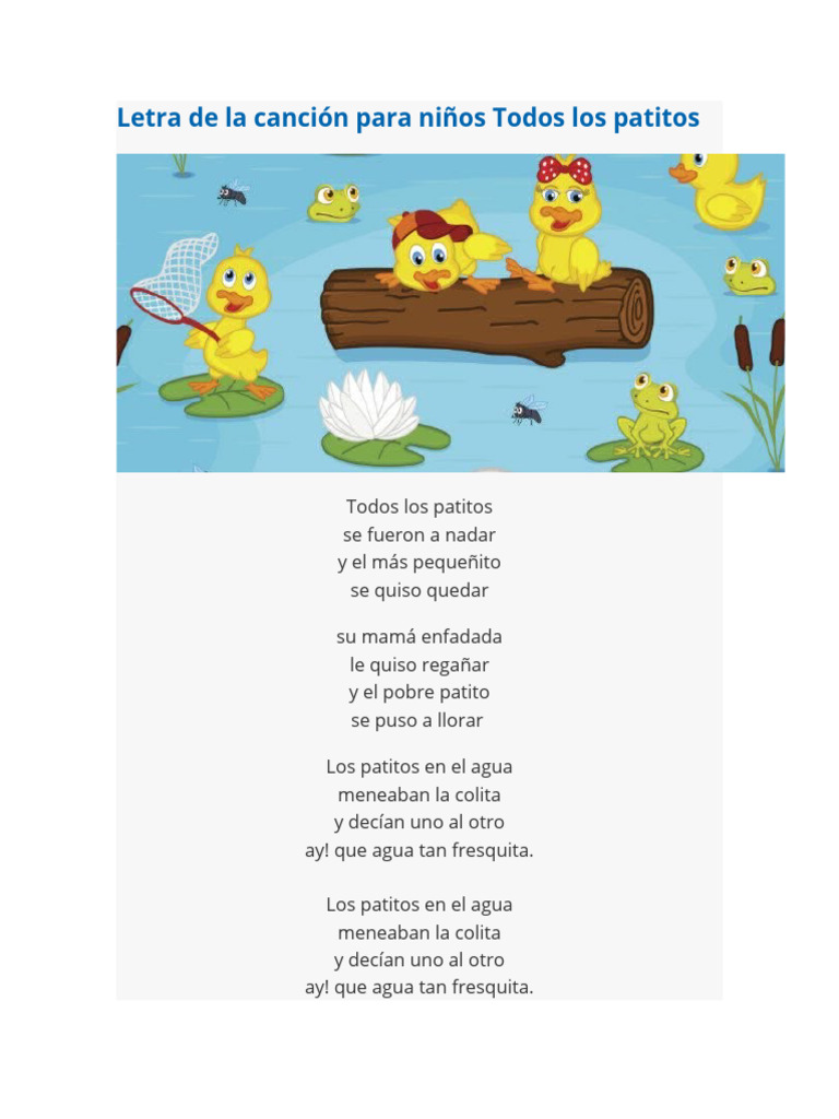 Letra de la canción para niños Todos los patitos | PDF