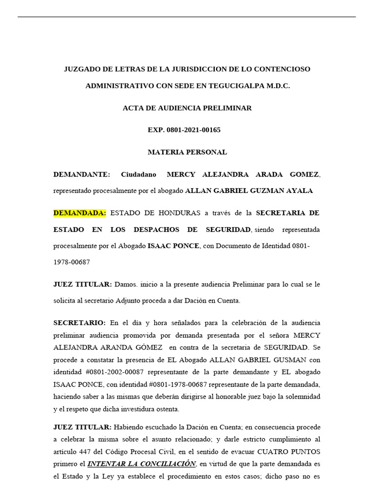 Acta de Audiencia Preliminar | PDF | Ley procesal | Demanda judicial