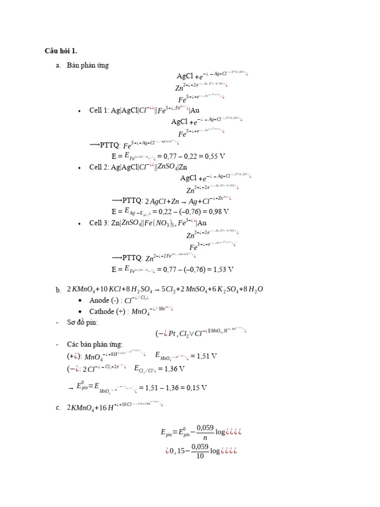 Câu Hỏi 1 Btl Hóa Lý 2 | PDF