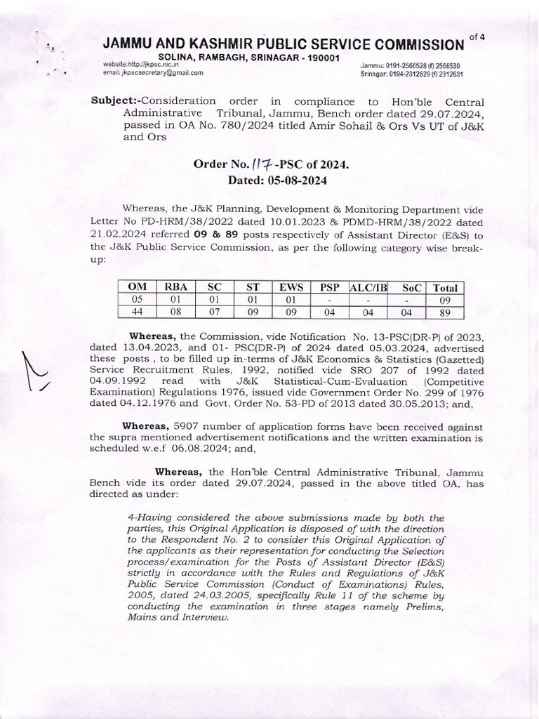 Consideration Order in Compliance To Honble CAT Jammu in Case Titled ...