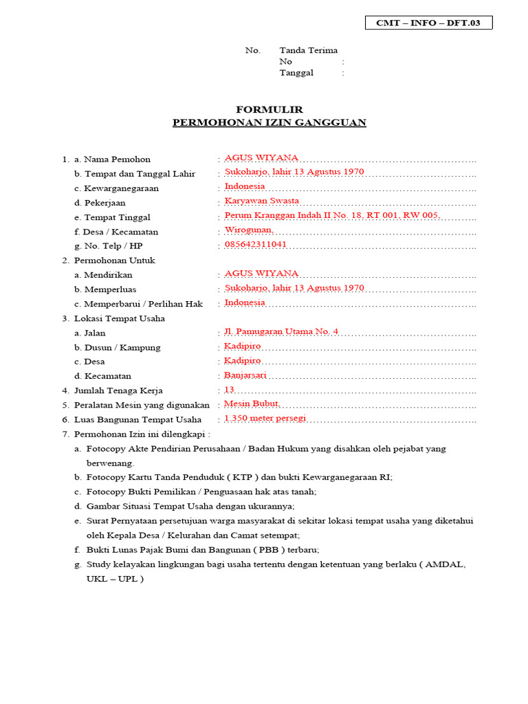 Formulir Permohonan Izin Gangguan | PDF