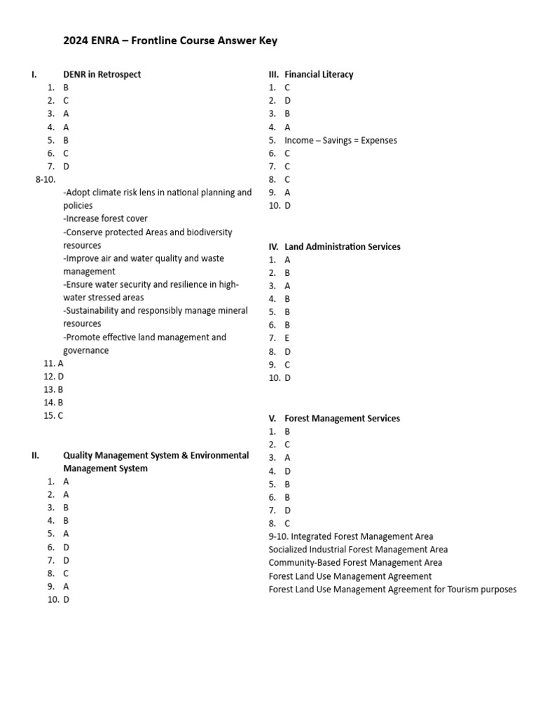 2024 ENRA Course Answer Key | PDF | Natural Environment | Environment