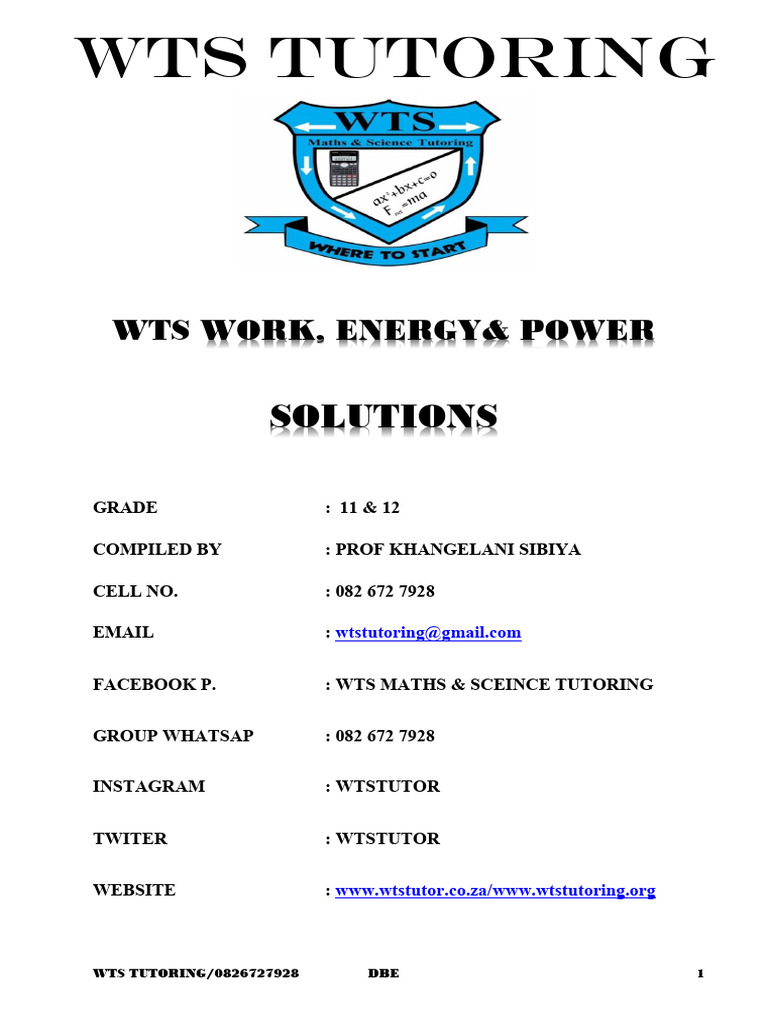 WTS Tutoring: Work, Energy & Power | PDF