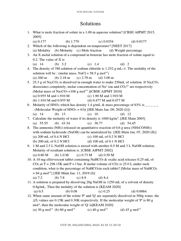 Solutions MCQ | PDF | Molar Concentration | Mole (Unit)
