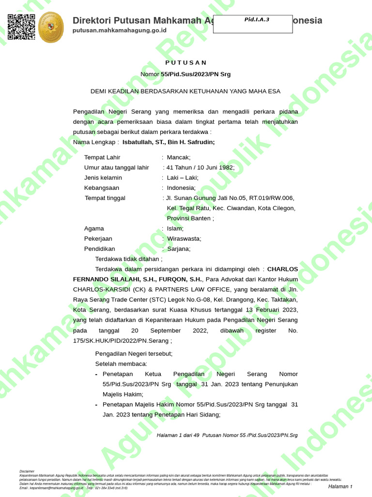 Putusan 55 Pid - Sus 2023 PN SRG 20240724152338 | PDF