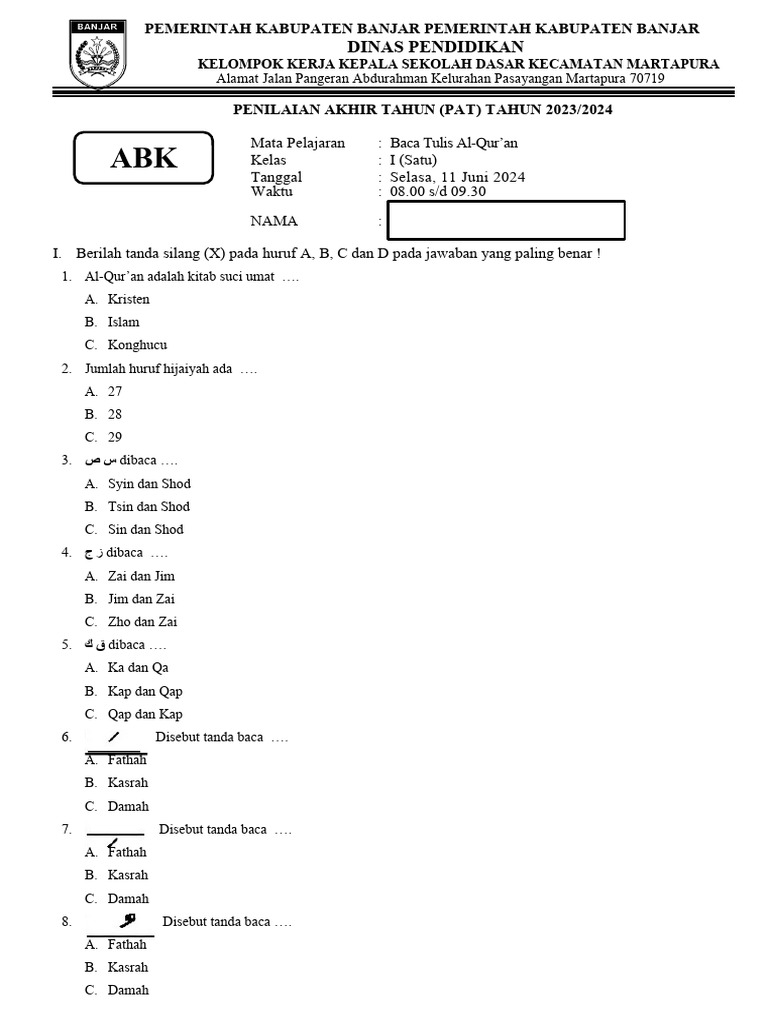 Soal PAT BTA Kelas I 2024 ABK | PDF