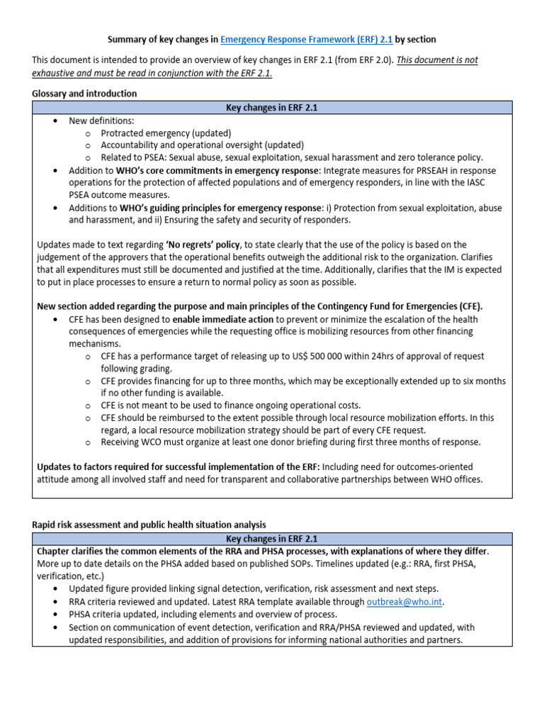 Summary of Key Changes in Emergency Response Framework 2.1 | PDF | Risk ...