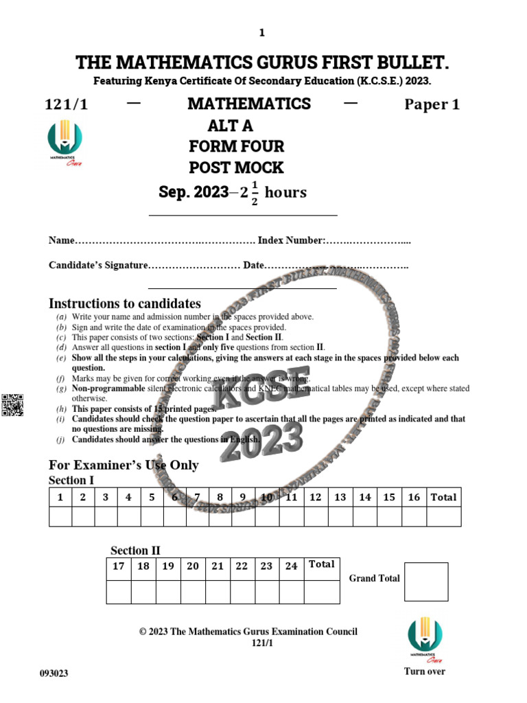 Mathematics Paper 1 Gurus Bullet One | PDF | Area | Speed