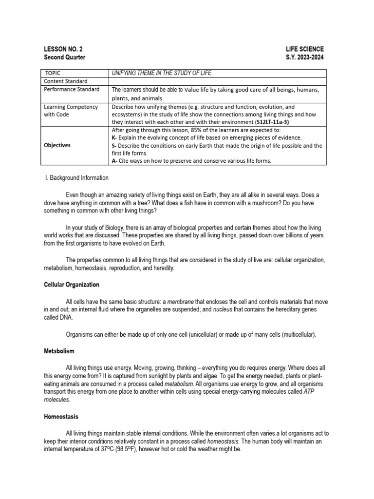 Lesson 2 - Unifying Themes in The Study of Life | PDF | Life | Biology