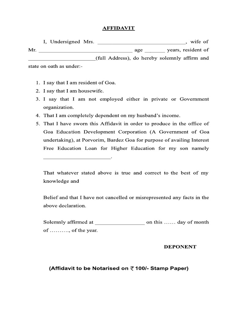 Non Working Parent Affidavit | PDF